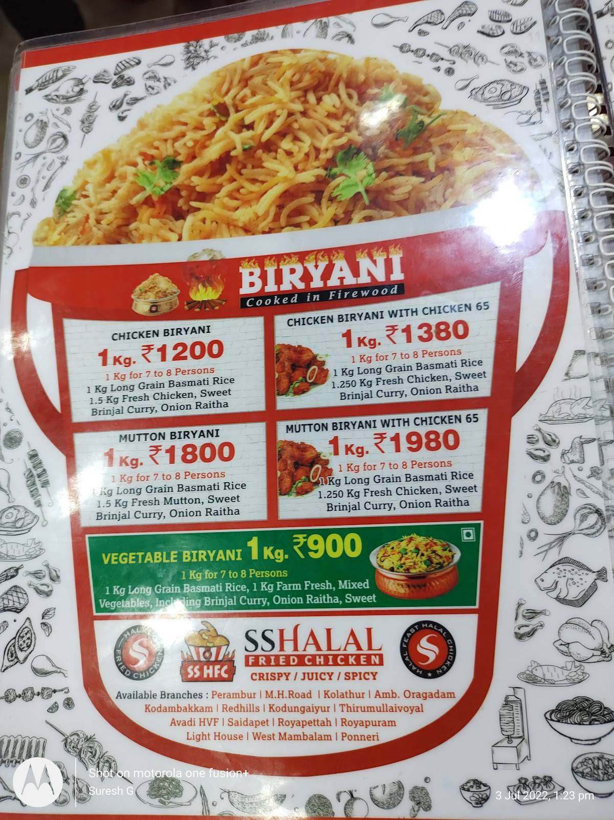 Menu at SS Hyderabad Biryani Parrys, Chennai