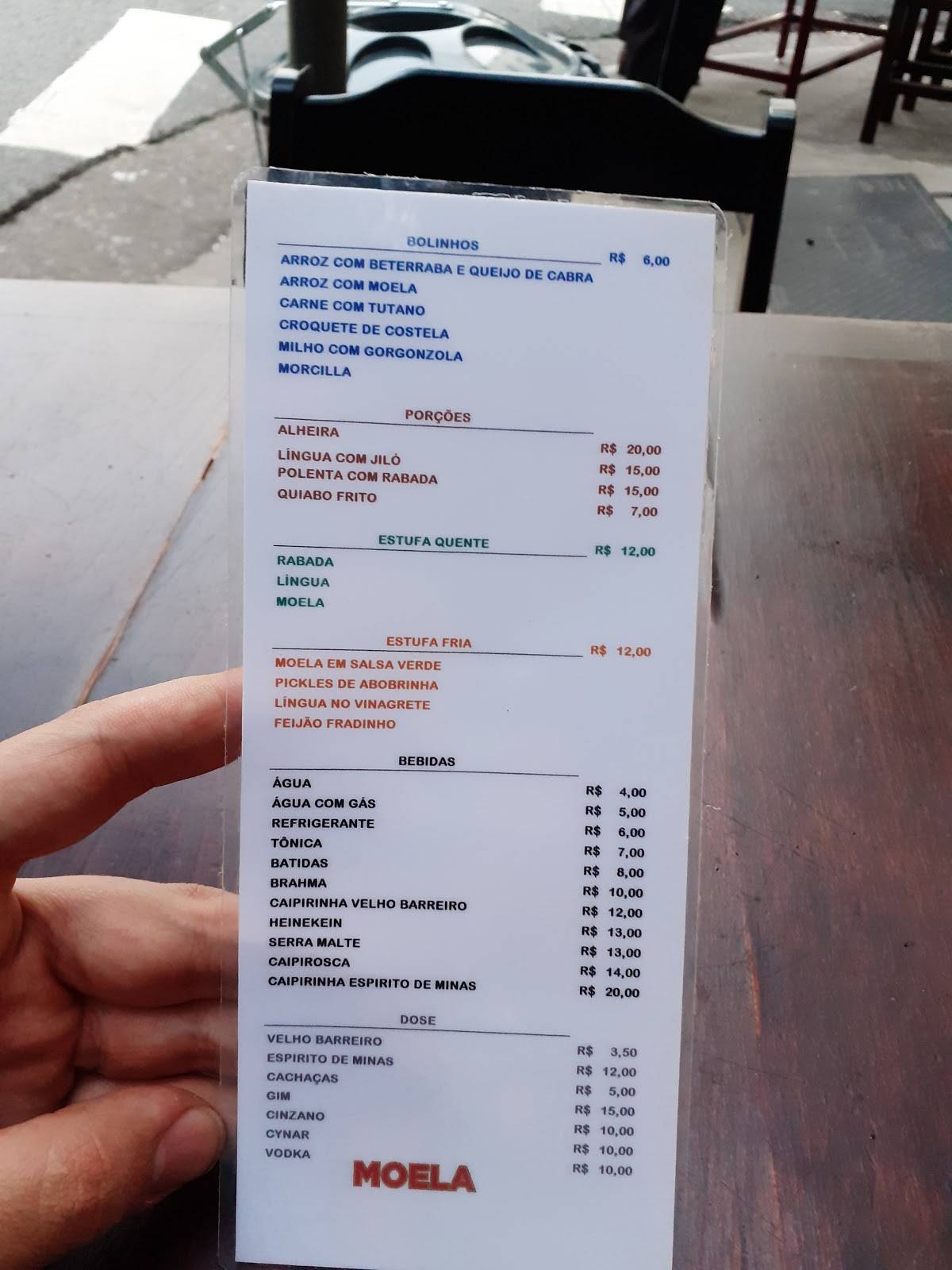 Menu em Bar Moela, São Paulo, R. Canuto do Val
