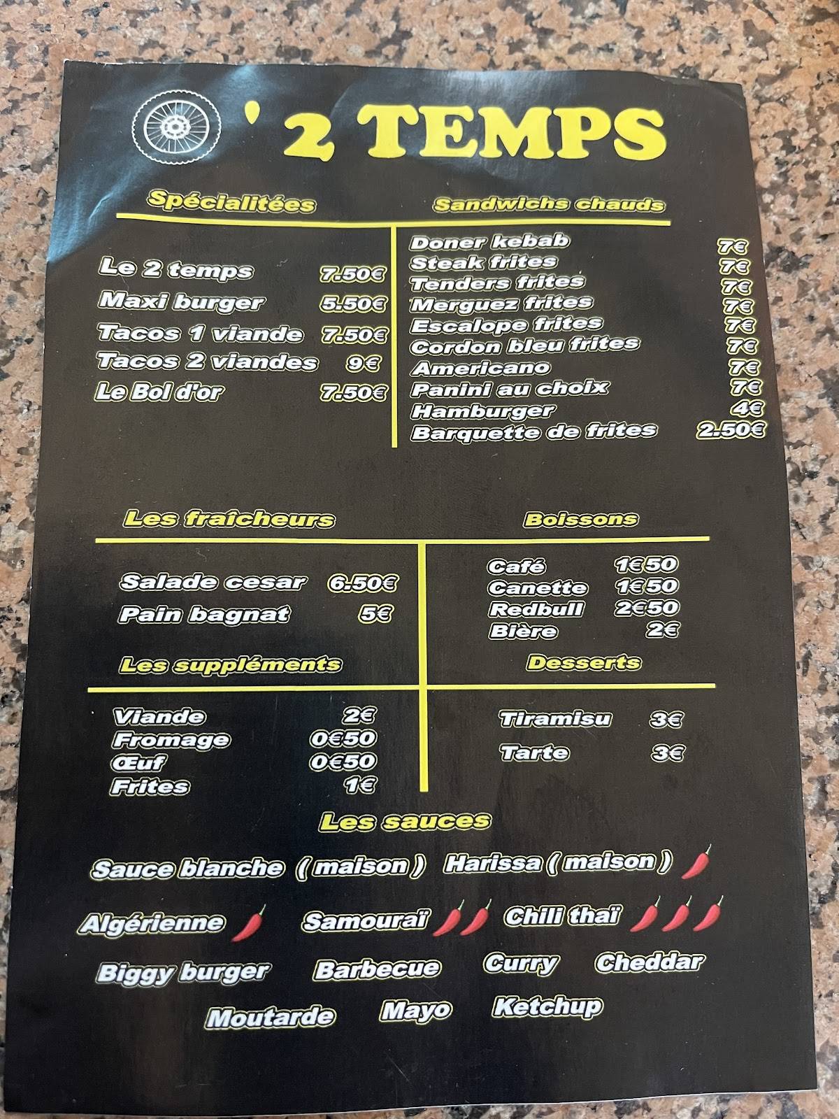 Menu au SNACK O'2 TEMPS restaurant, Martigues