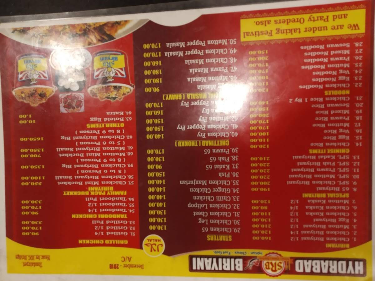 Menu at SRB Hydrabad Biryani, Chennai