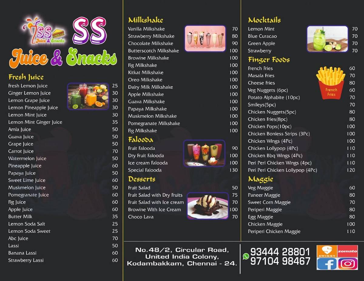 Menu at SS Juice & Snacks, Chennai