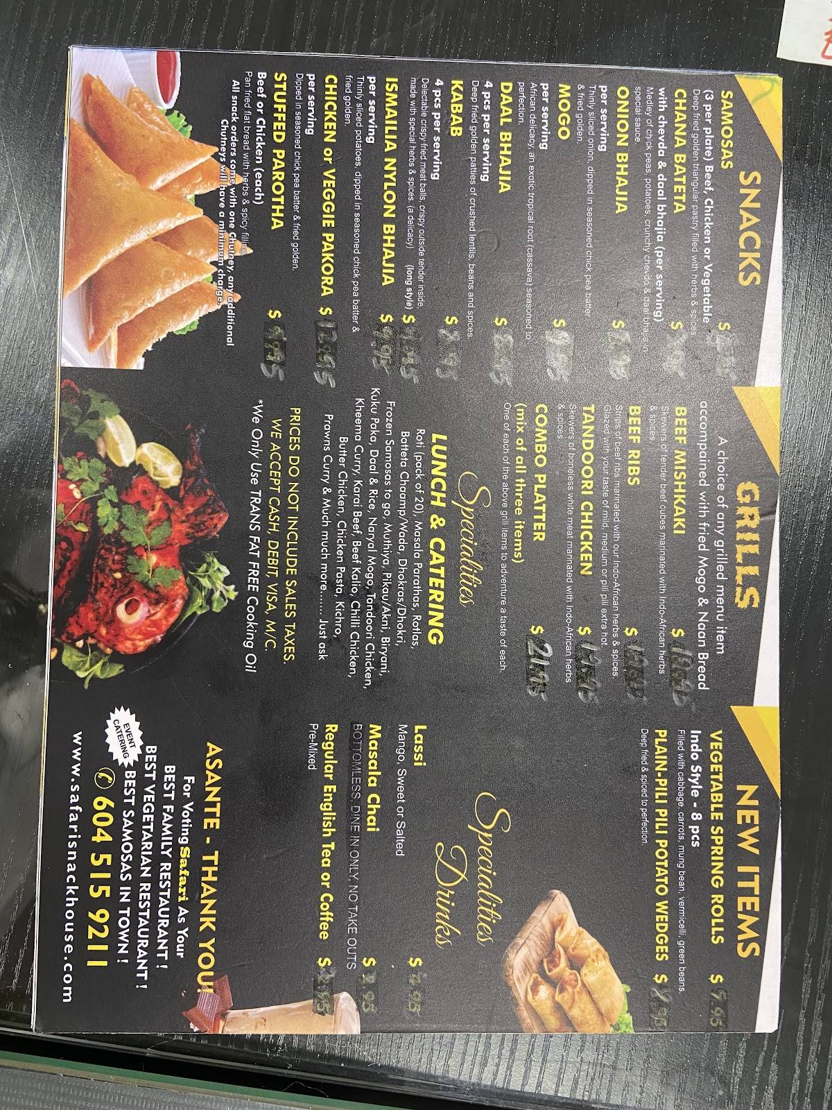 Menu at Safari Snack House restaurant, Burnaby