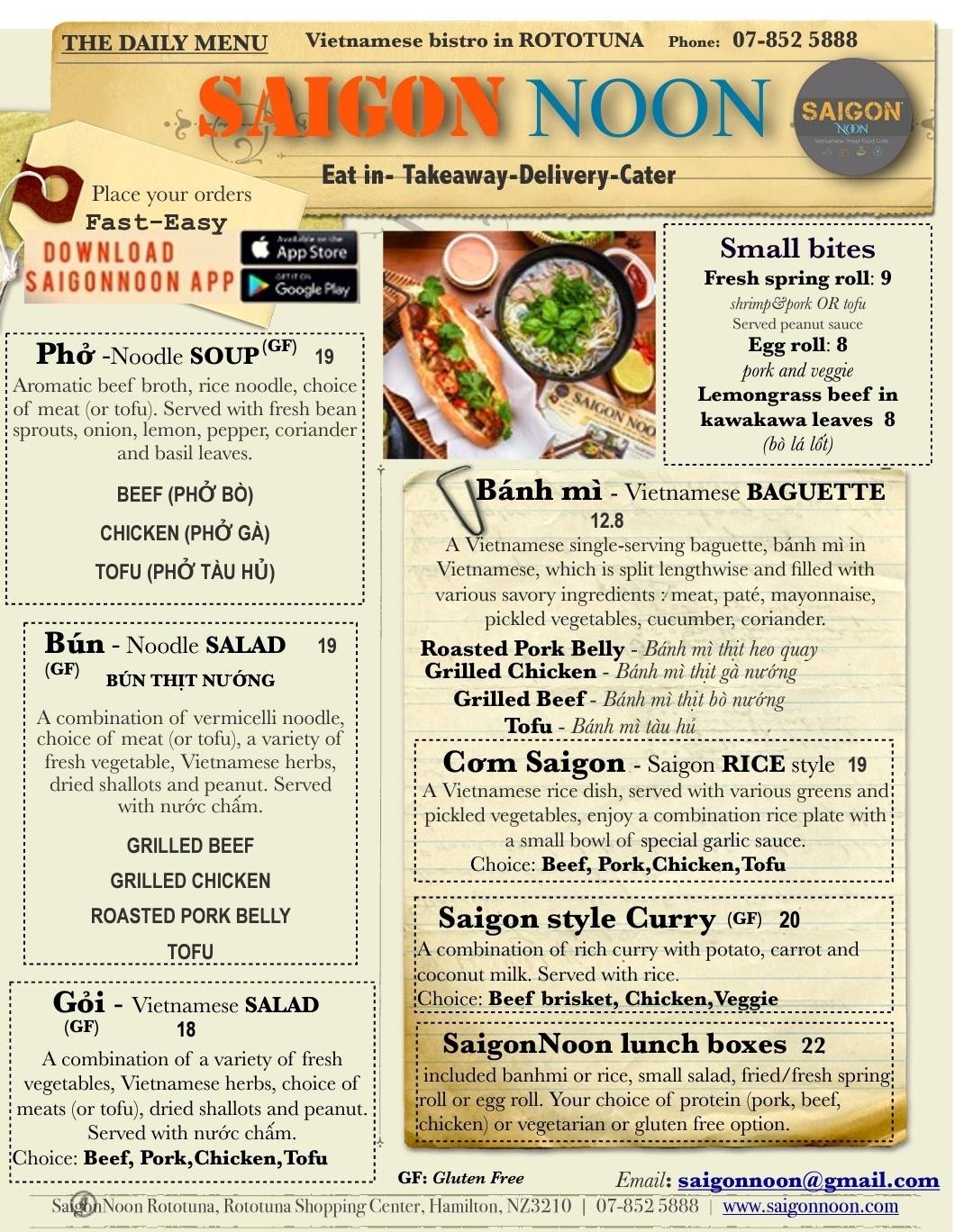 Carta de Saigon Noon Rototuna Vietnamese Restaurant, Hamilton