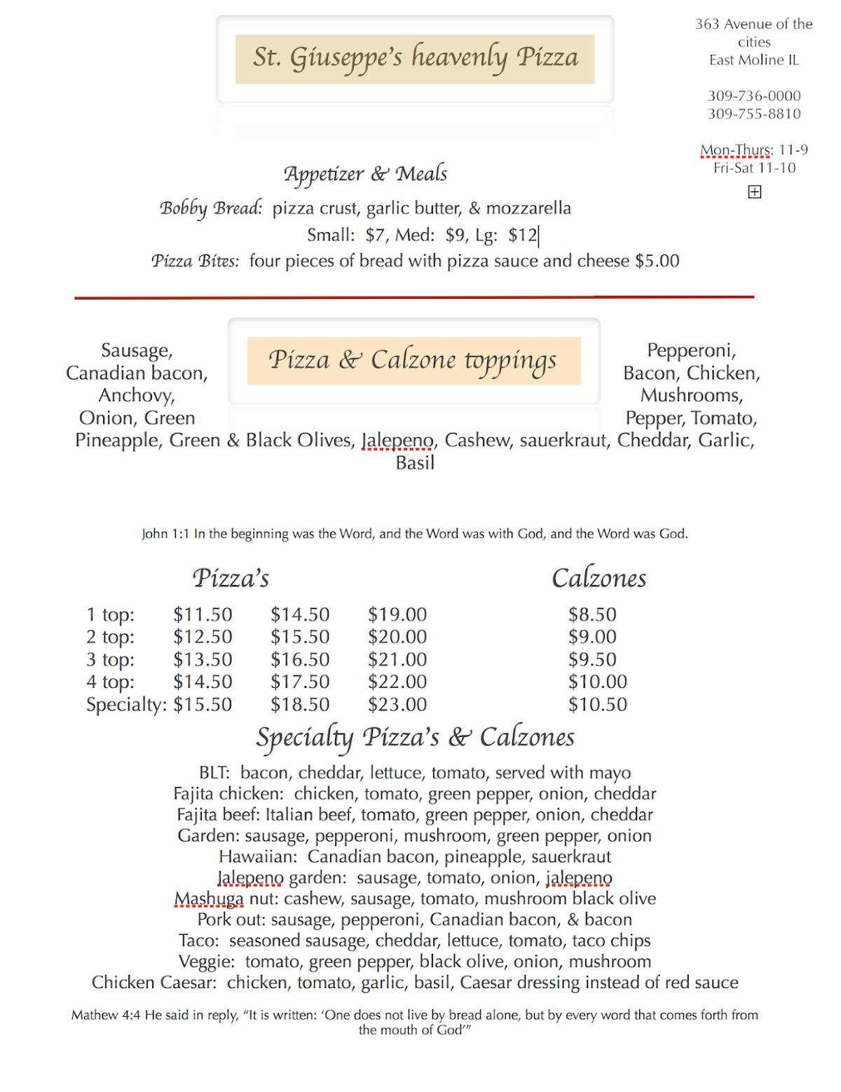 Menu at Saint Giuseppes Pizza pizzeria, East Moline
