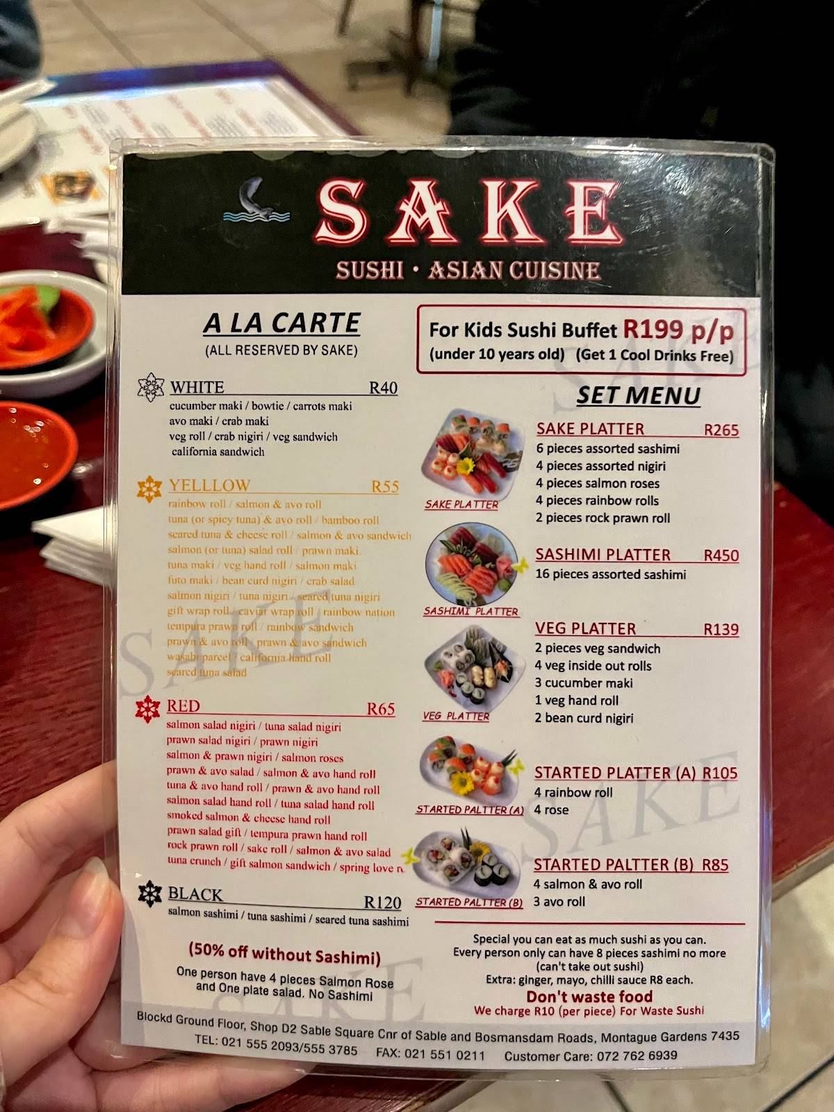 Menu at Sake Sushi restaurant, Cape Town, Sable Square