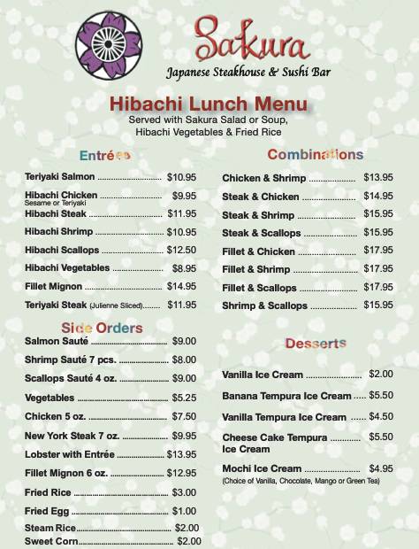 Menu at Sakura Japanese Restaurant, Bryant, Alcoa Rd
