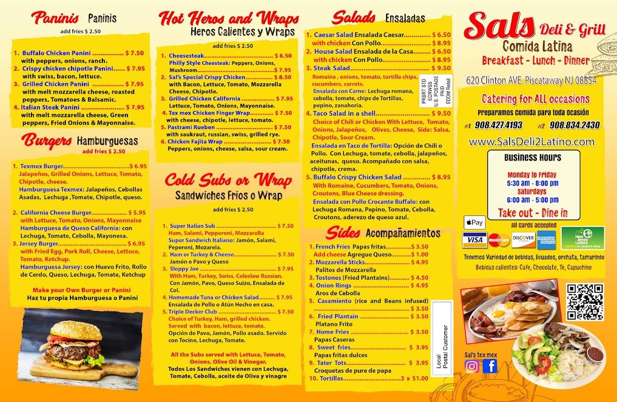Menu at Sal's Deli & Grill Comida Latina restaurant, Piscataway Township