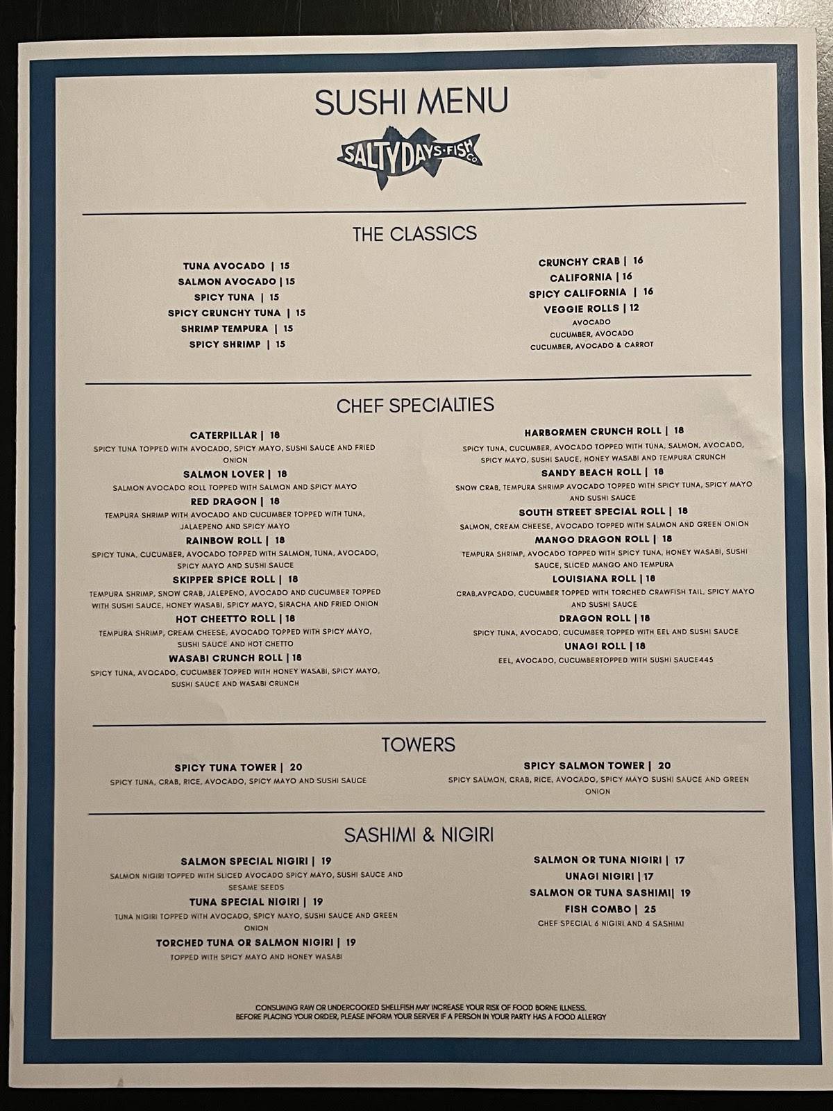 Menu at Salty Days Fish Co. restaurant, Cohasset