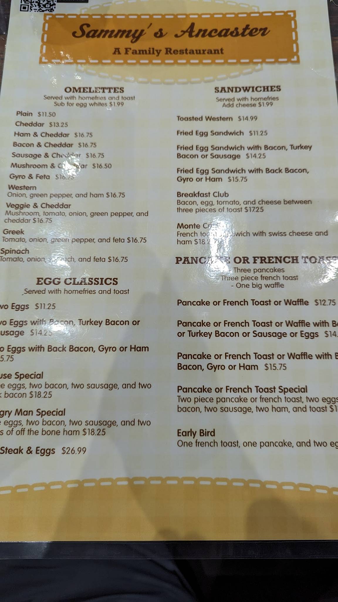 Menu at Sammy's Ancaster pub & bar, Hamilton, Wilson St W #1