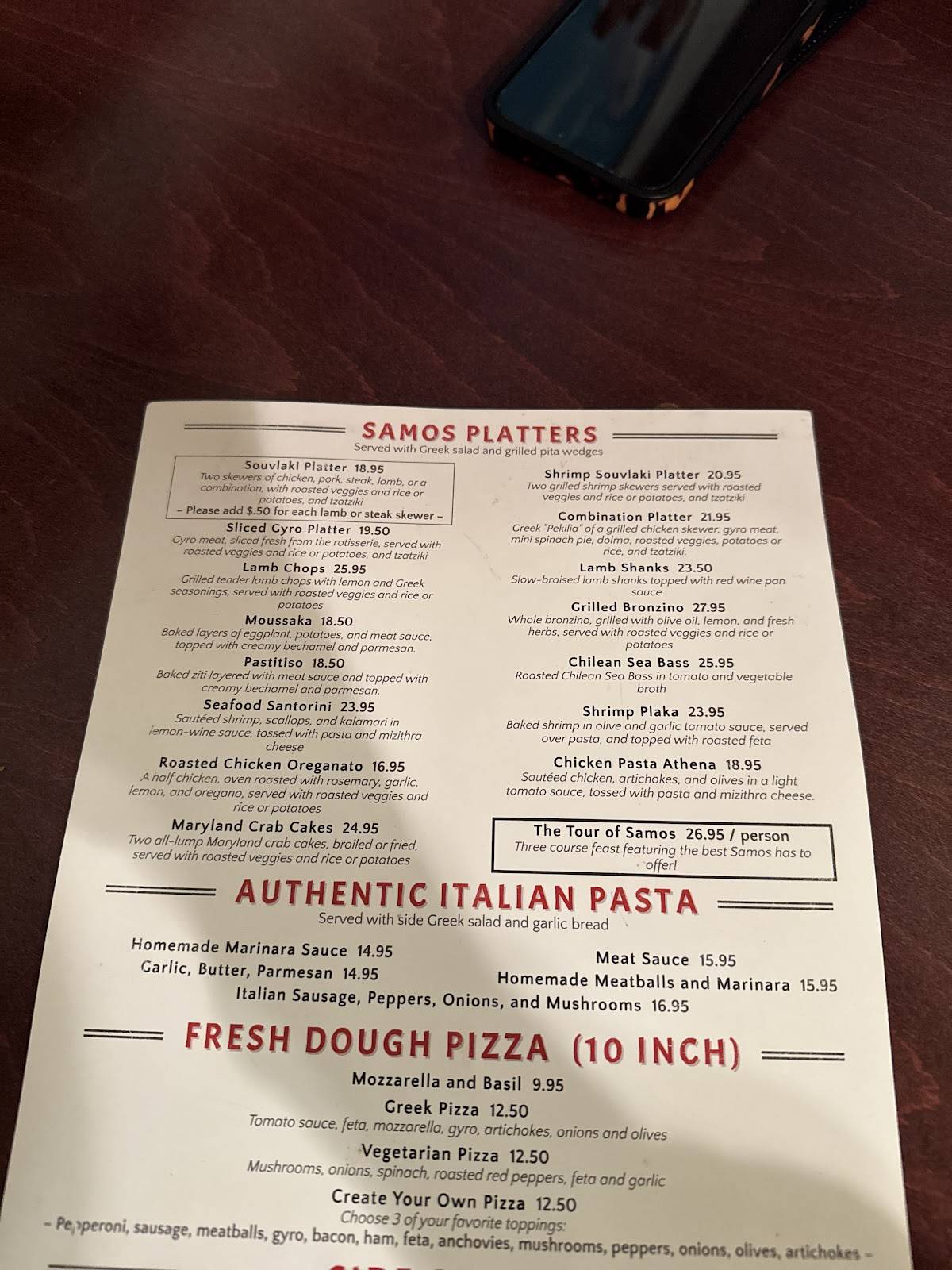 Menu at Samos Restaurant, Baltimore, 600 Oldham St