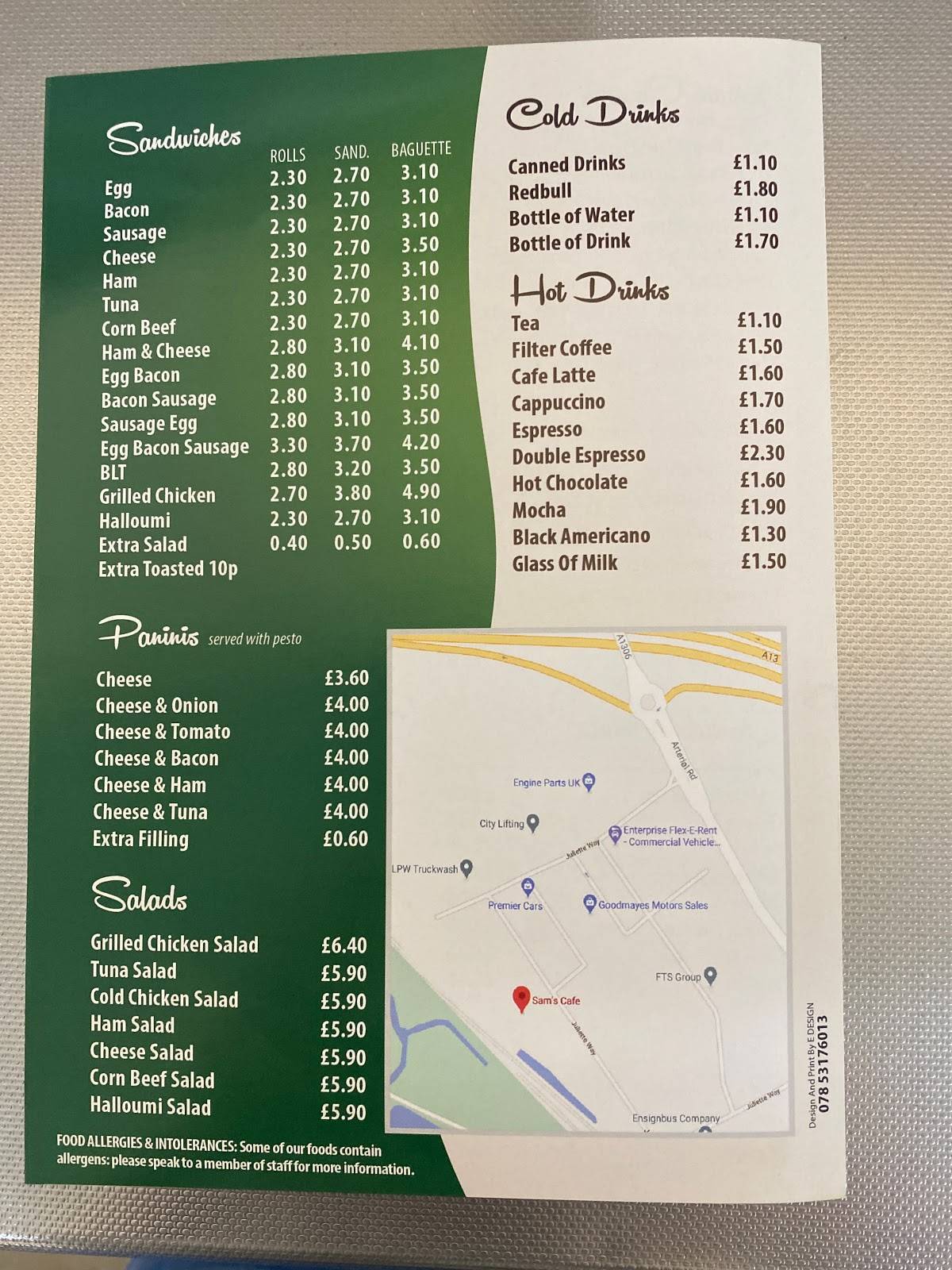 Menu at Sam's Cafe, South Ockendon
