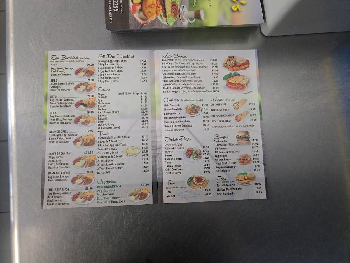 Menu at Sam's Cafe, South Ockendon