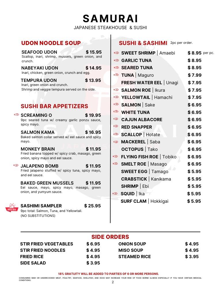 Menu at Samurai Japanese Steakhouse & Sushi, Bullhead City