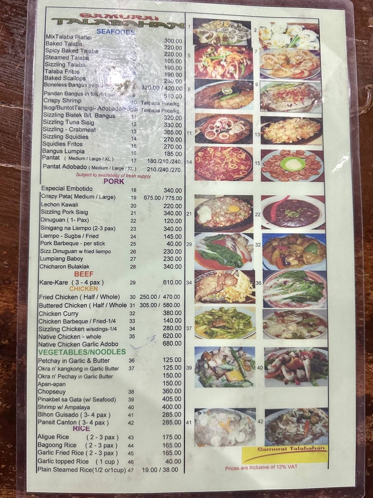 Menu at Samurai Talabahan restaurant, Iloilo City