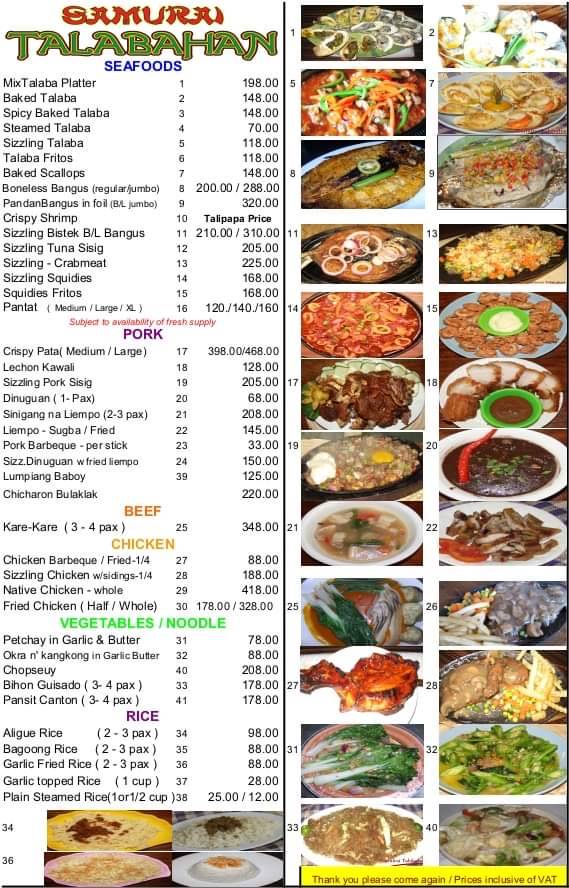 Menu at Samurai Talabahan restaurant, Iloilo City