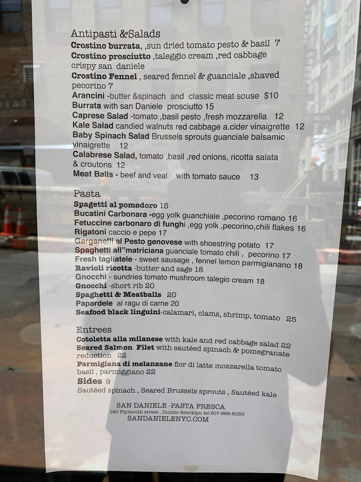 Menu at San Daniele Pasta Fresca restaurant, New York City