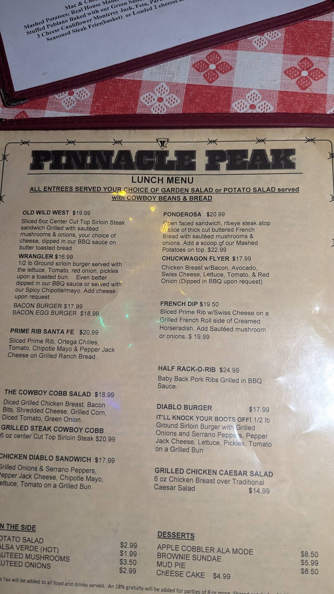 Menu at Pinnacle Peak Steakhouse, San Dimas