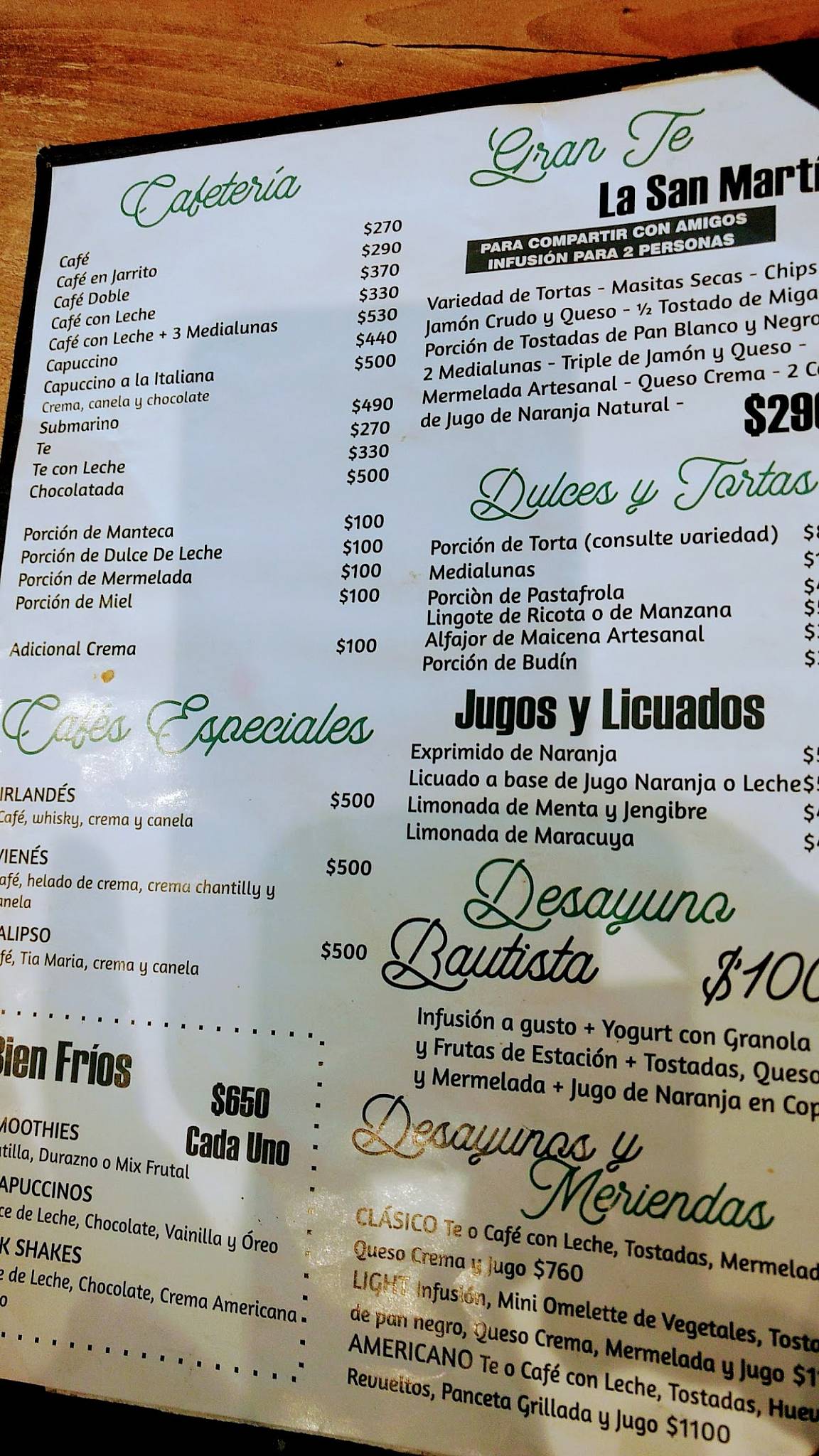 Carta del restaurante La San Martin, San Martín