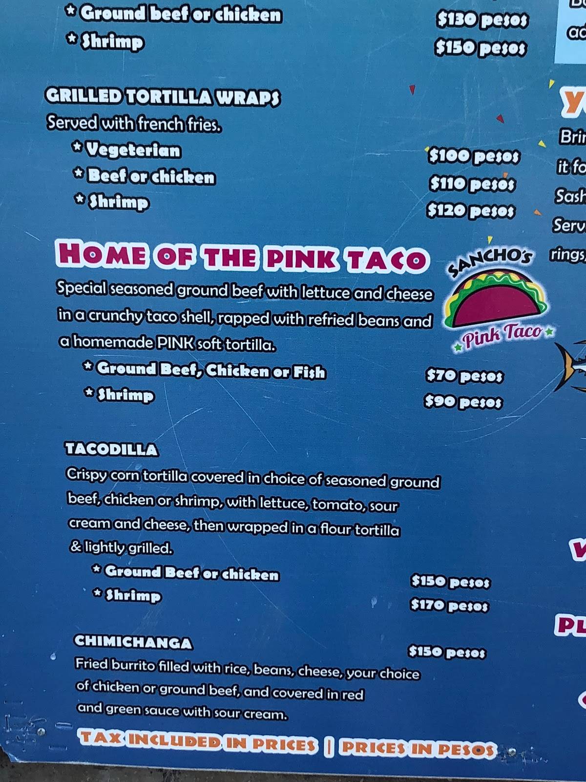 Menu at Sancho's Bar, Cabo San Lucas