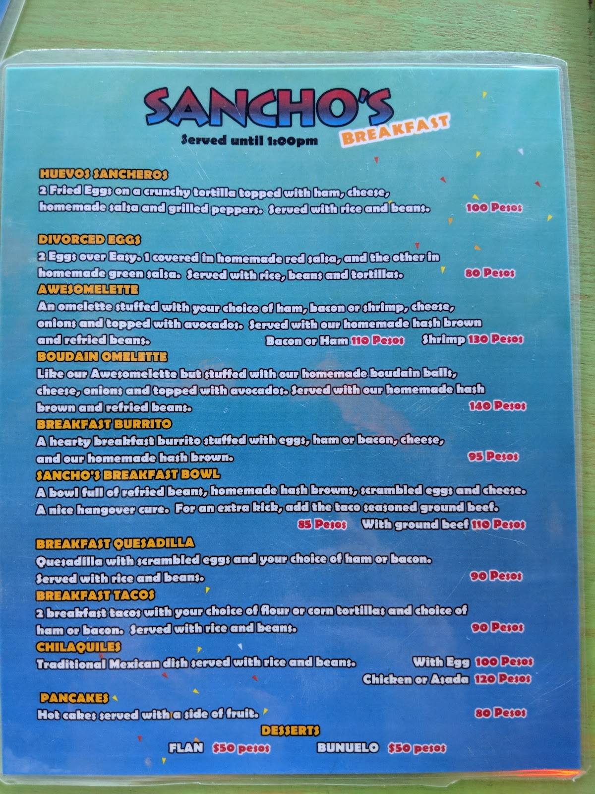 Menu at Sancho's Bar, Cabo San Lucas