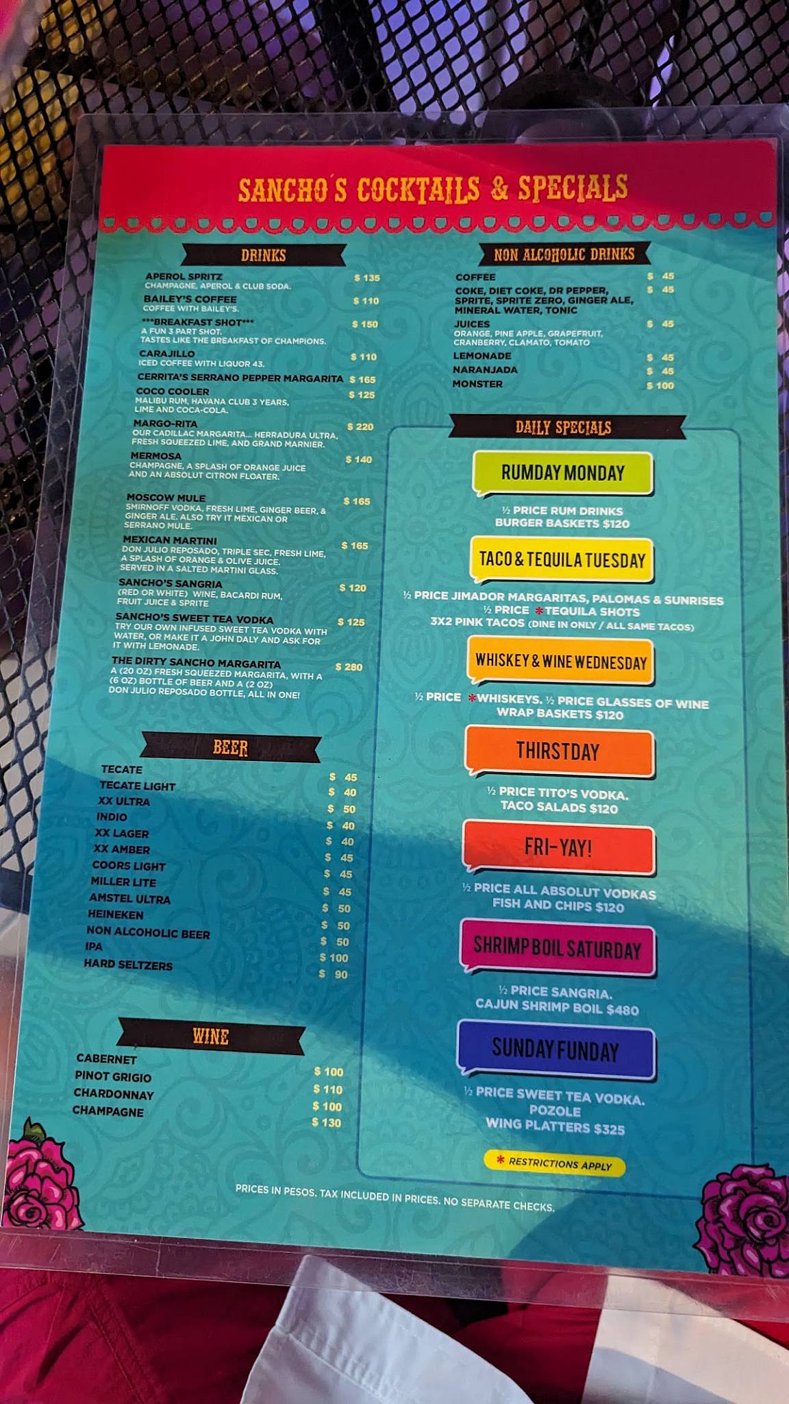 Menu at Sancho's Bar, Cabo San Lucas