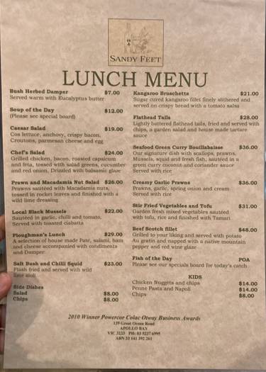 Menu at Sandy Feet Cafe & Health Foods, Apollo Bay