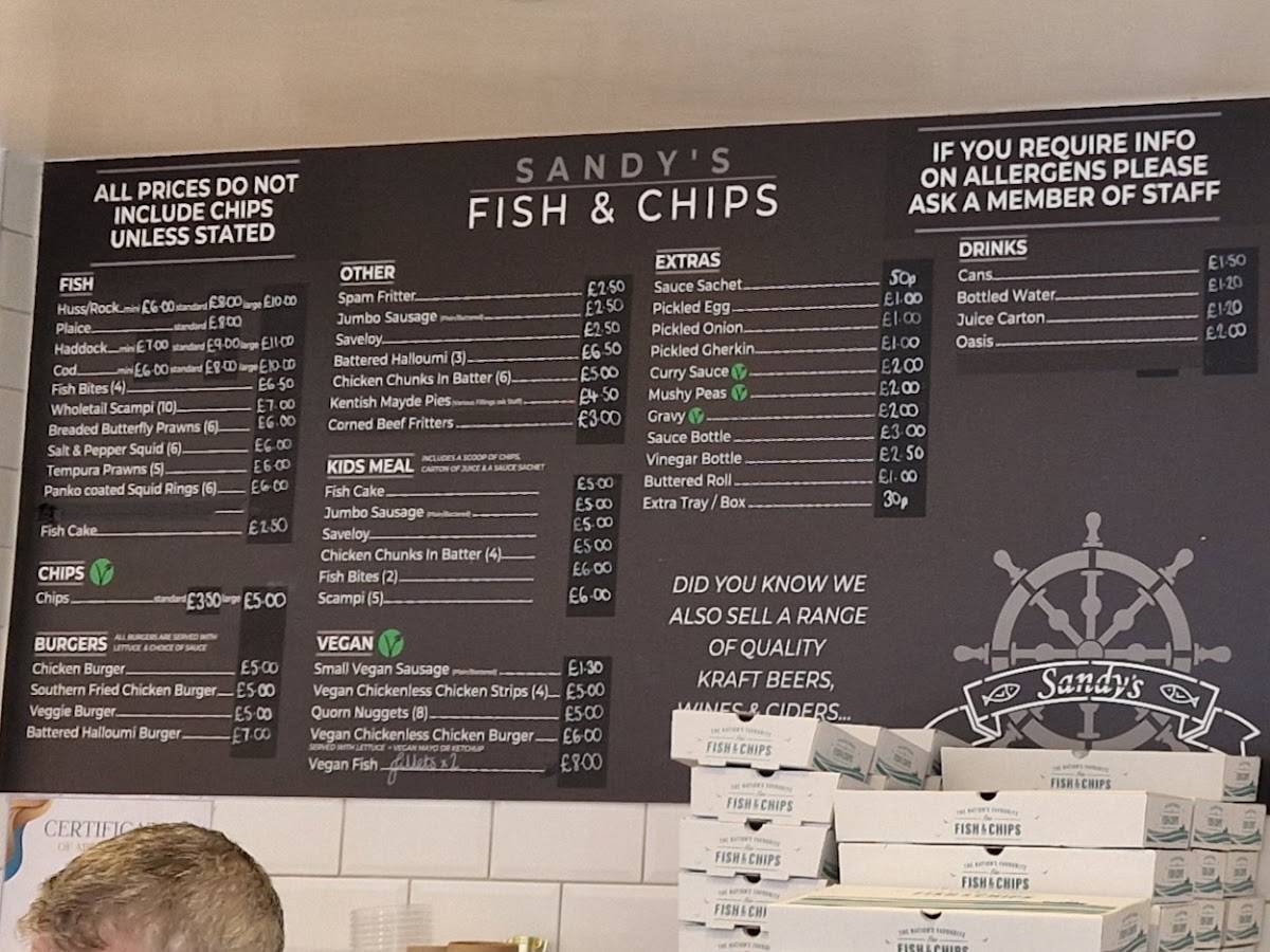 Menu at Sandy's fast food, Folkestone