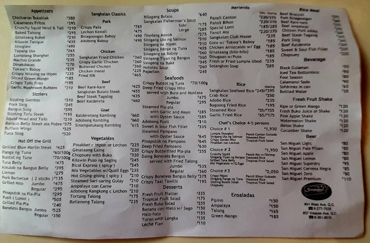 Menu at Sangkalan Restaurant, Quezon City, 41 West Ave
