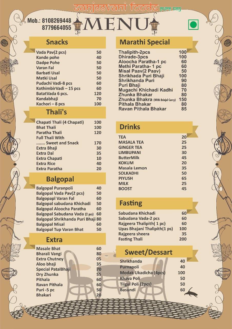 Menu at Sanjeevani Pure Veg- Real Maharashtrian Restuarant, Mumbai