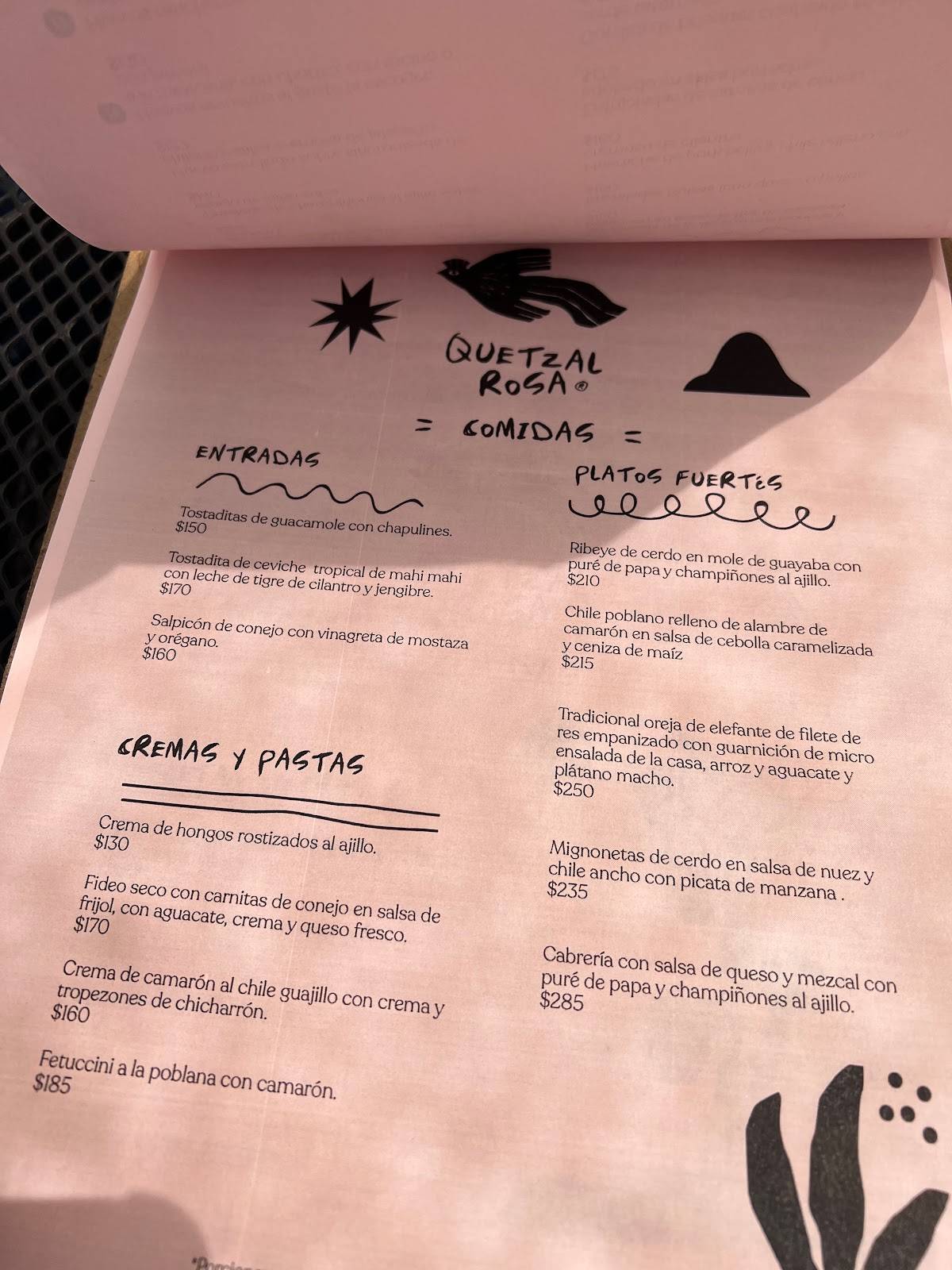 Carta del restaurante Quetzal Rosa, Santiago del Querétaro