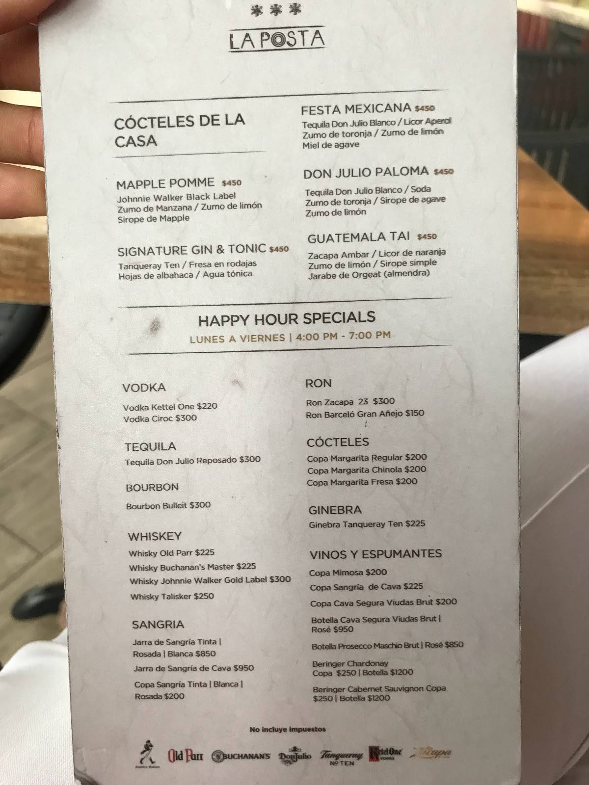 Menu at La Posta Bar, Santo Domingo, F3F6+357