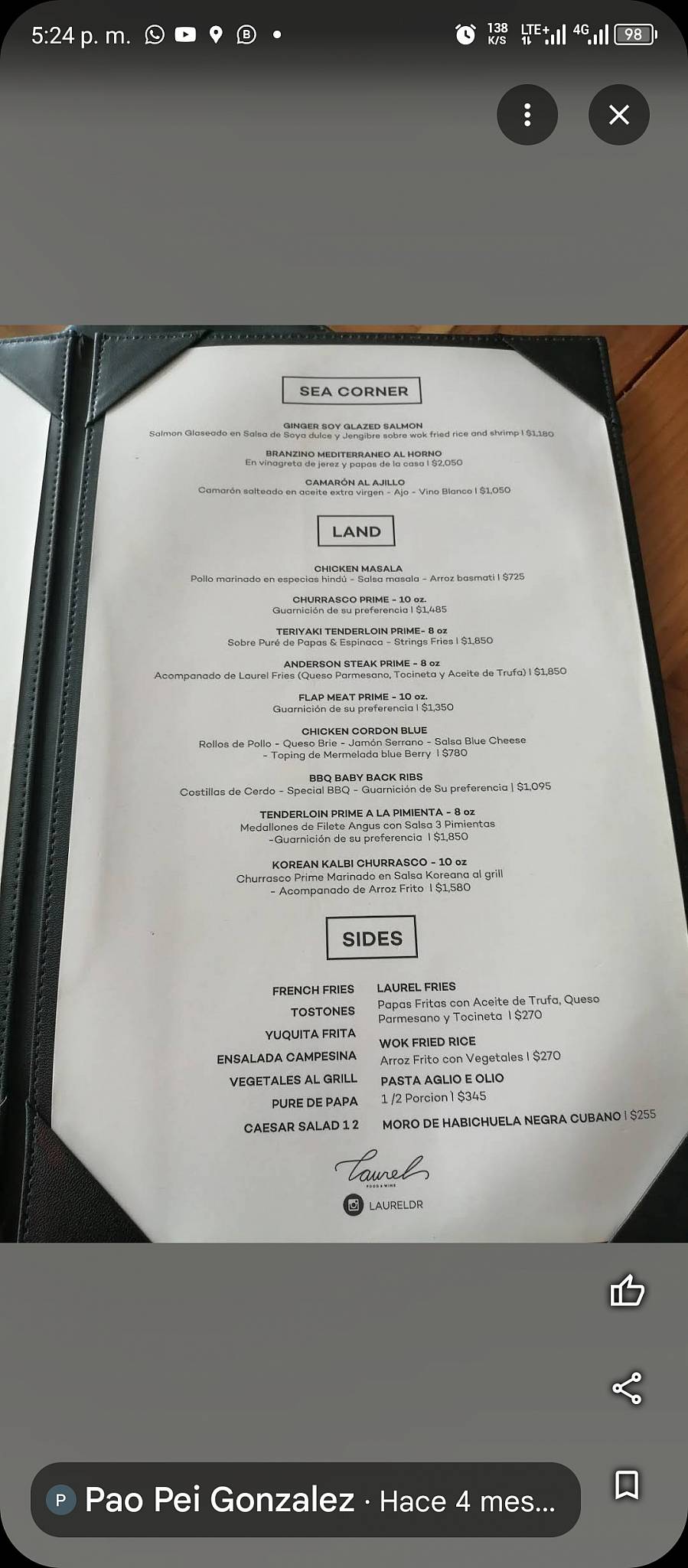 Menu at Laurel restaurant, Santo Domingo