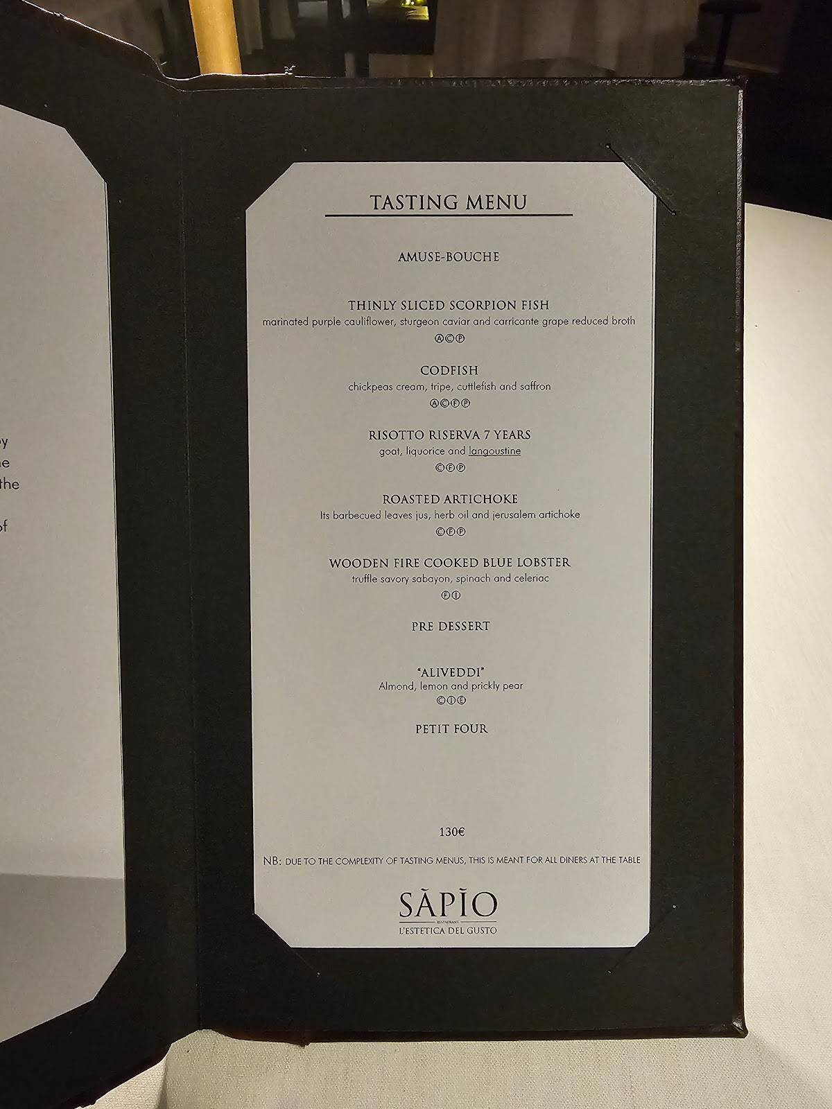 Menu at Sapio restaurant, Catania, Piazza Gandolfo Antonino