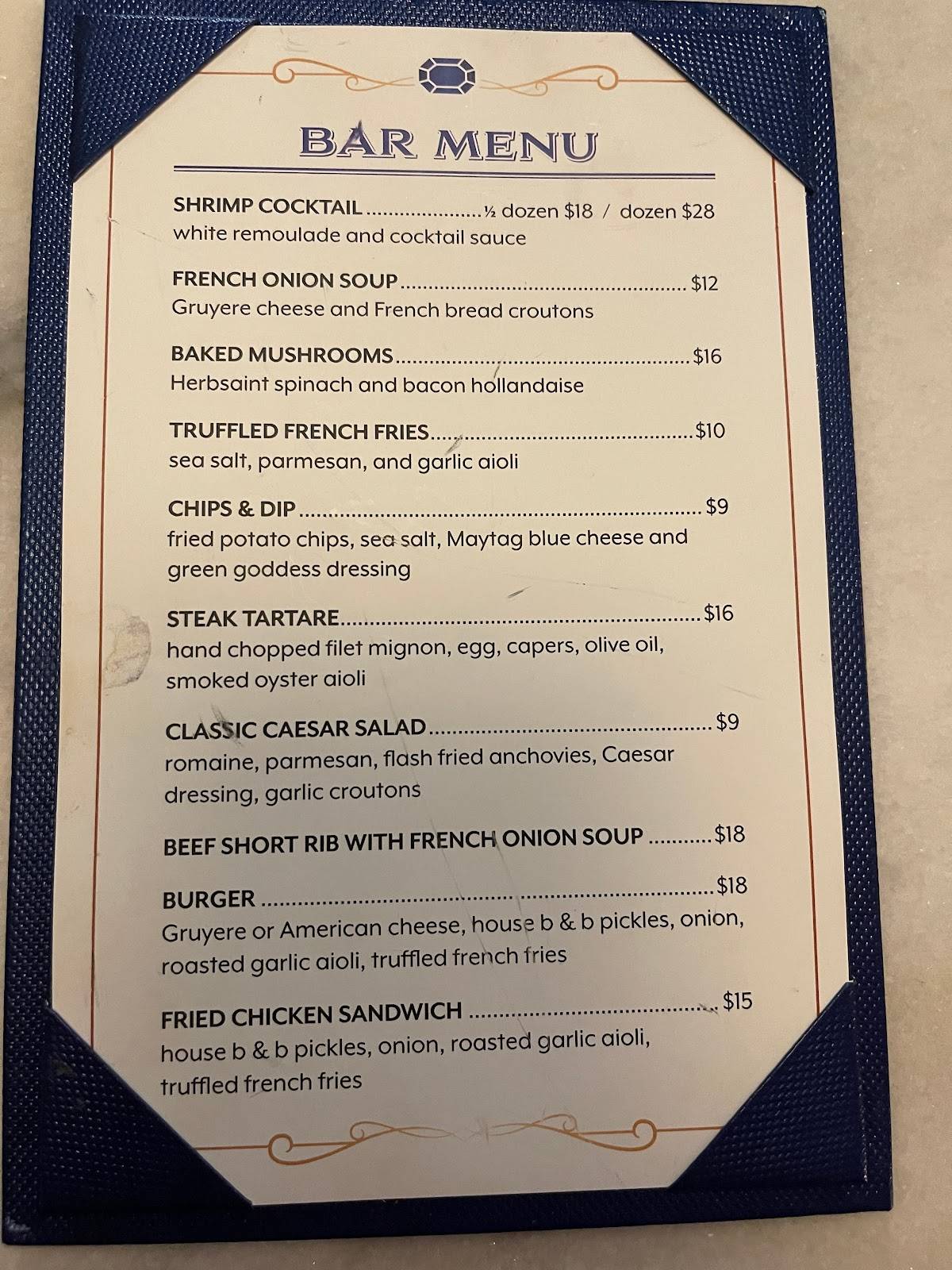 Menu at Sapphire Supper Club at Legends Hotel, Biloxi