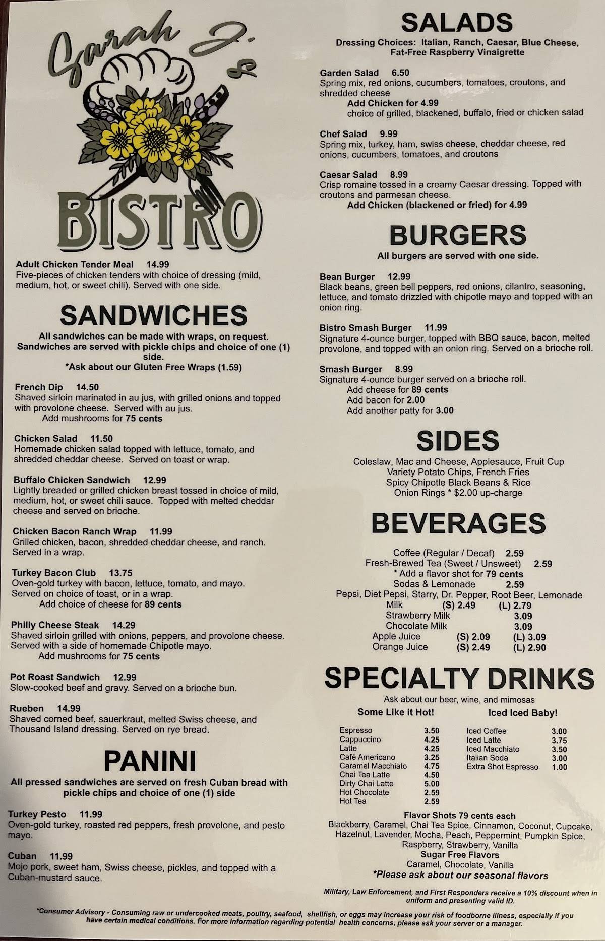 Menu at Sarah J’s Bistro restaurant, Citrus Springs
