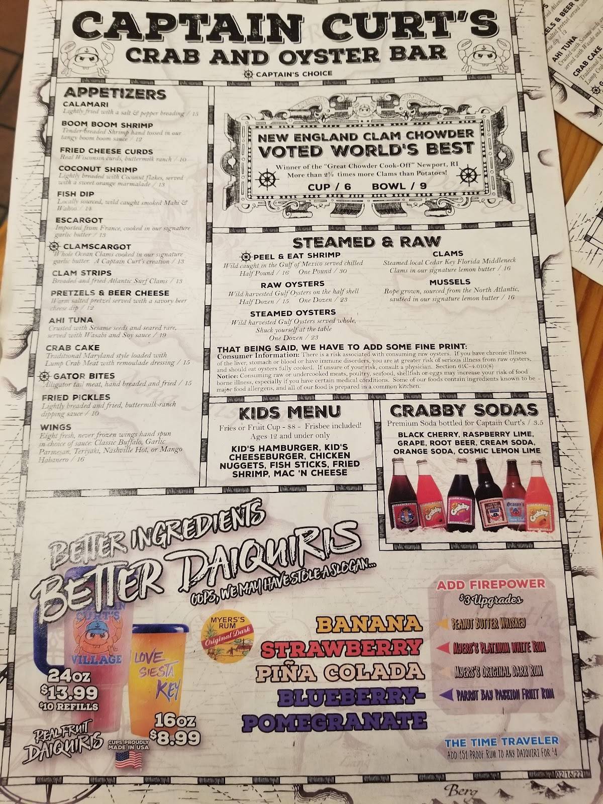 Menu at Captain Curt's Crab & Oyster Bar, Sarasota, Old Stickney Point Rd