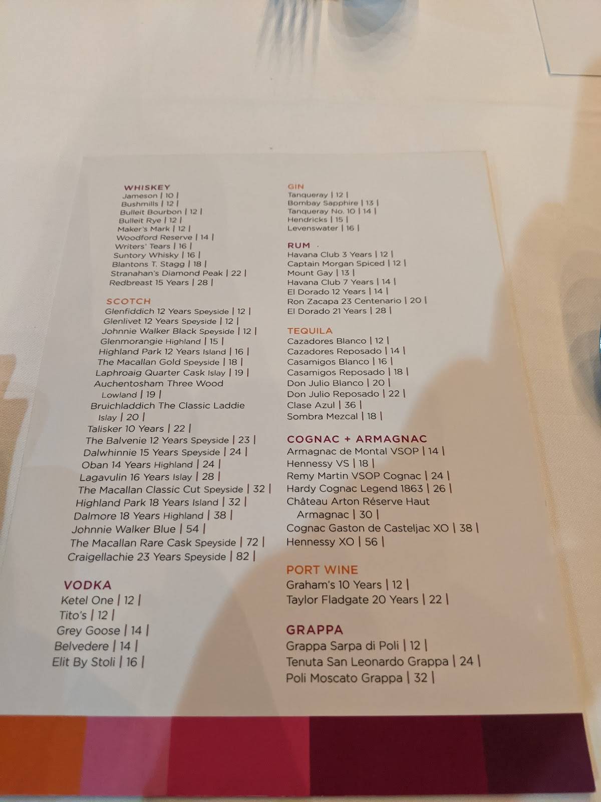 Menu at Sash restaurant, Toronto