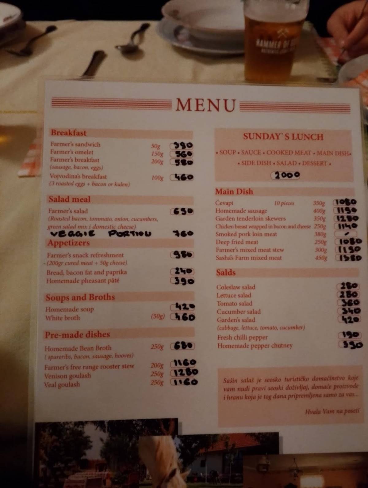Menu at Sašin Salaš restaurant, Rumenka