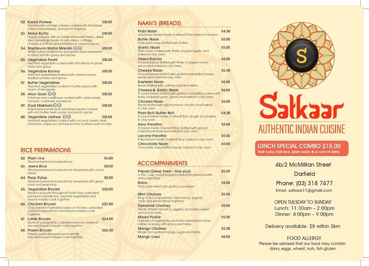 Menu at Satkaar Indian Takeaway restaurant, Darfield