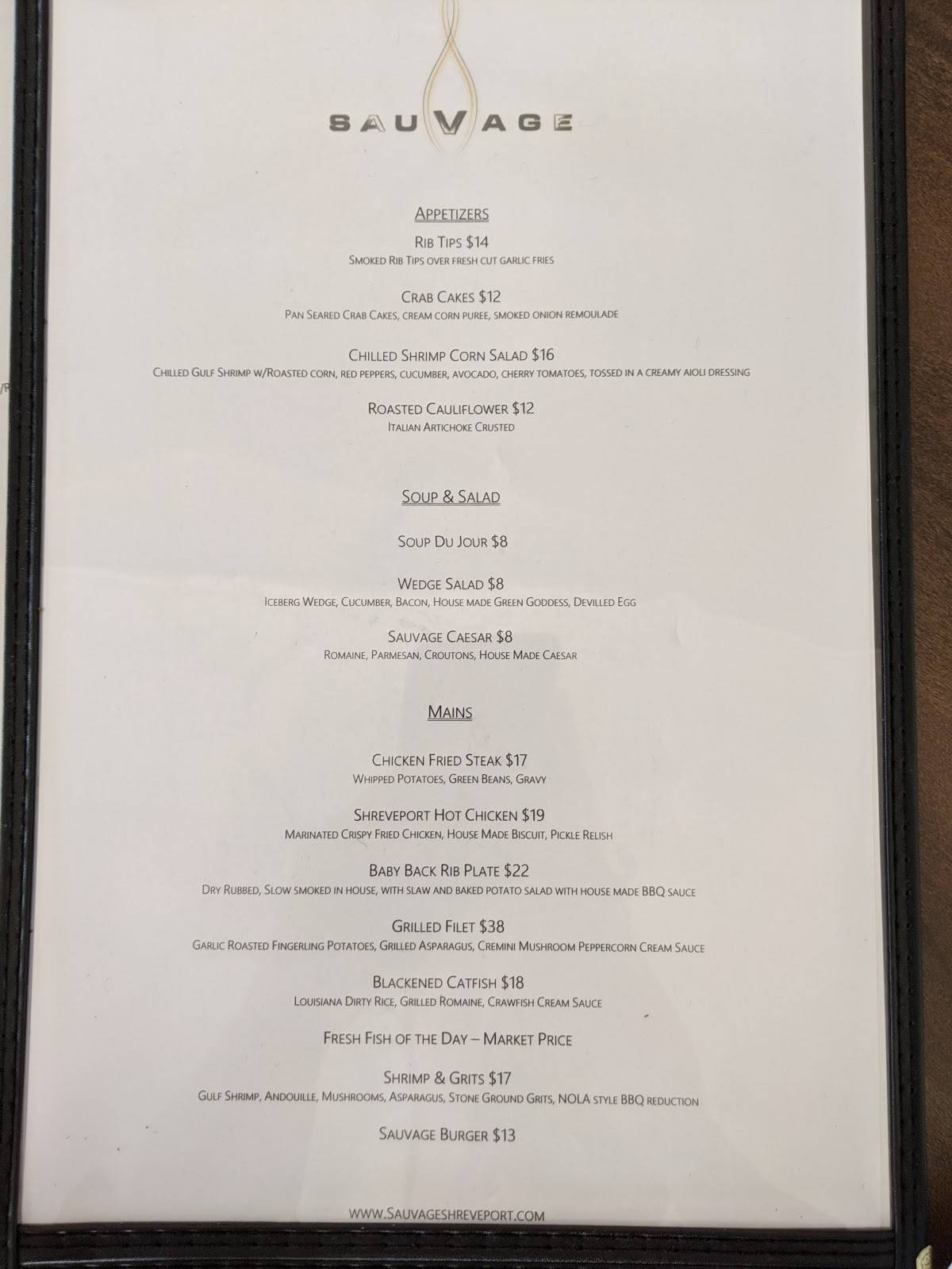 Menu at Sauvage pub & bar, Shreveport
