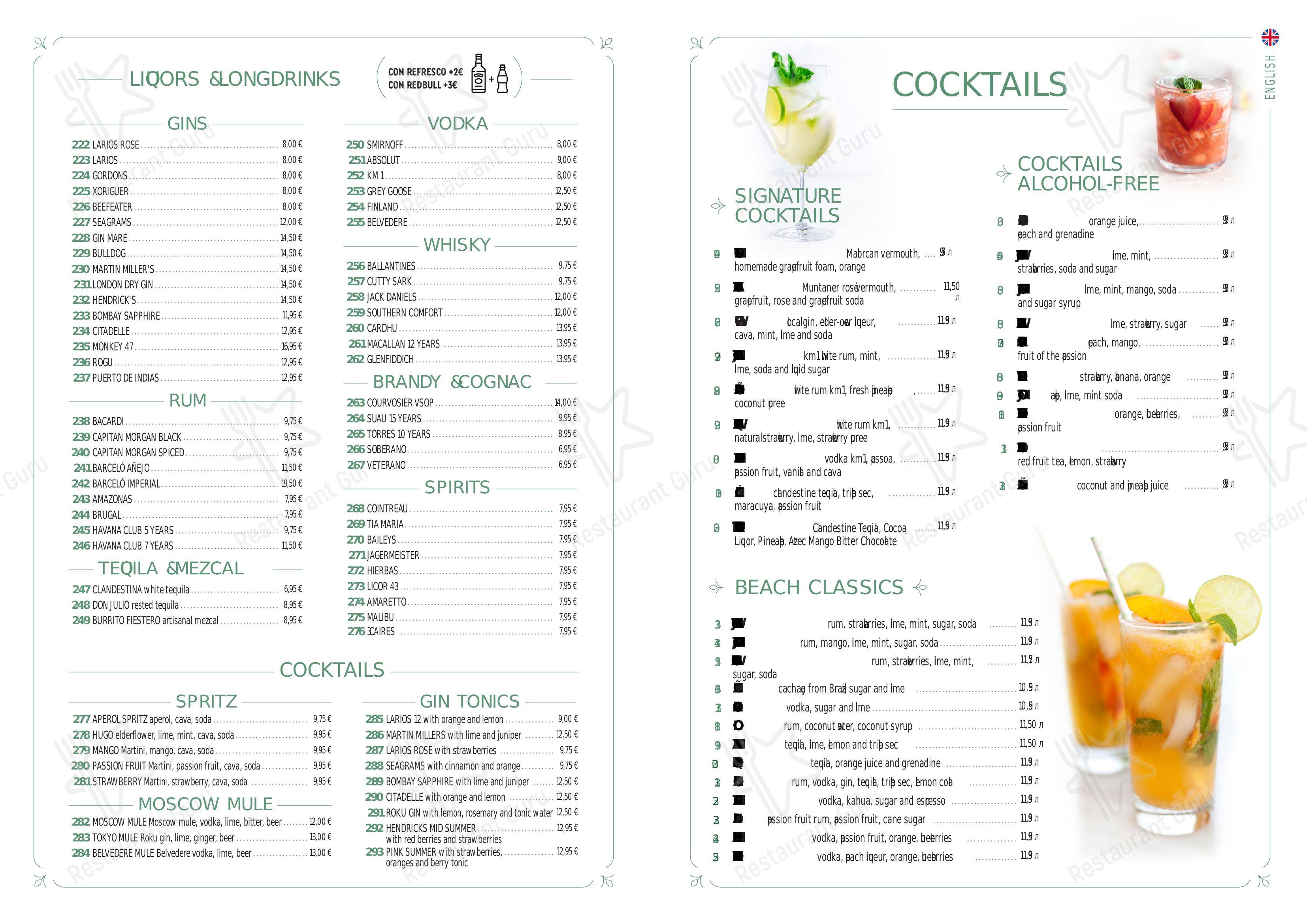 Menu at Savage Beach Club, Port d'Alcúdia