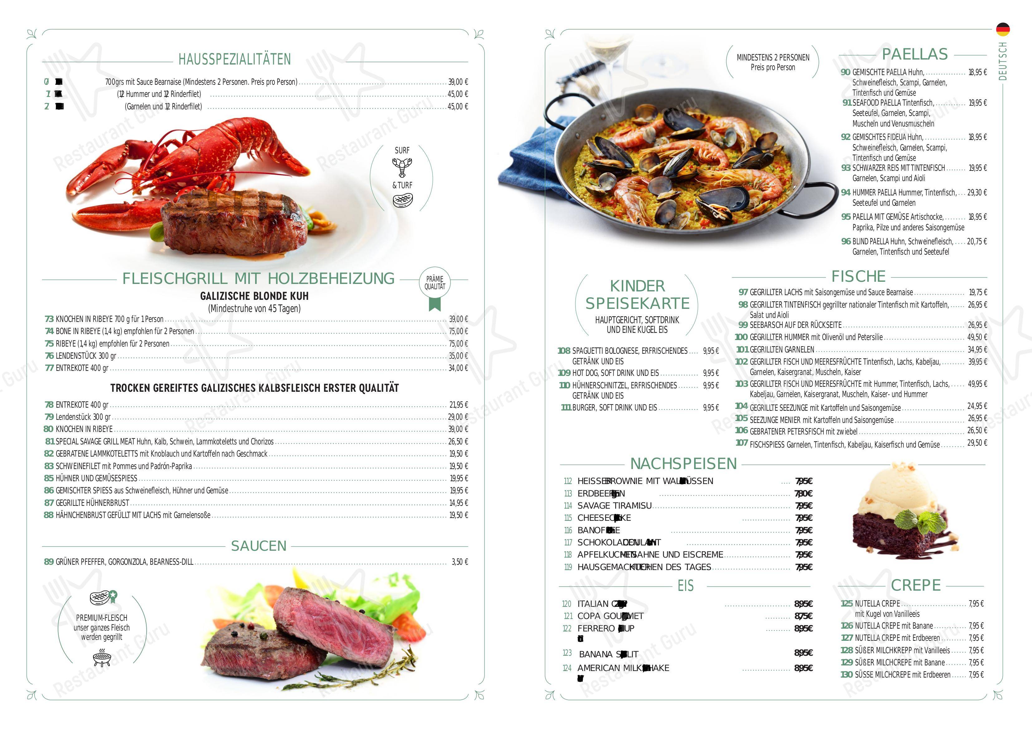 Menu at Savage Beach Club, Port d'Alcúdia