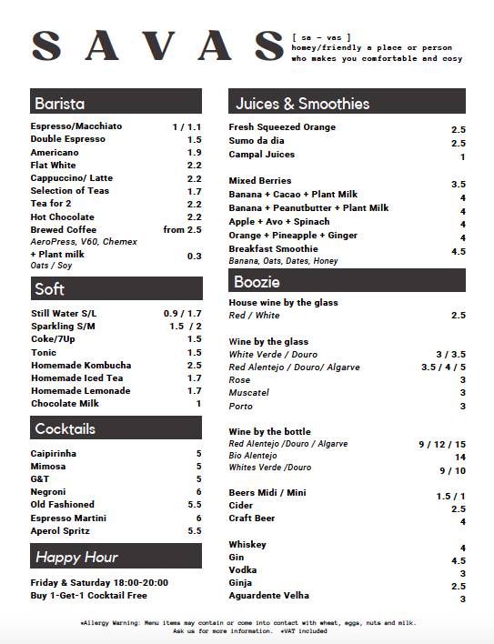 Menu em Savas café, Lisboa