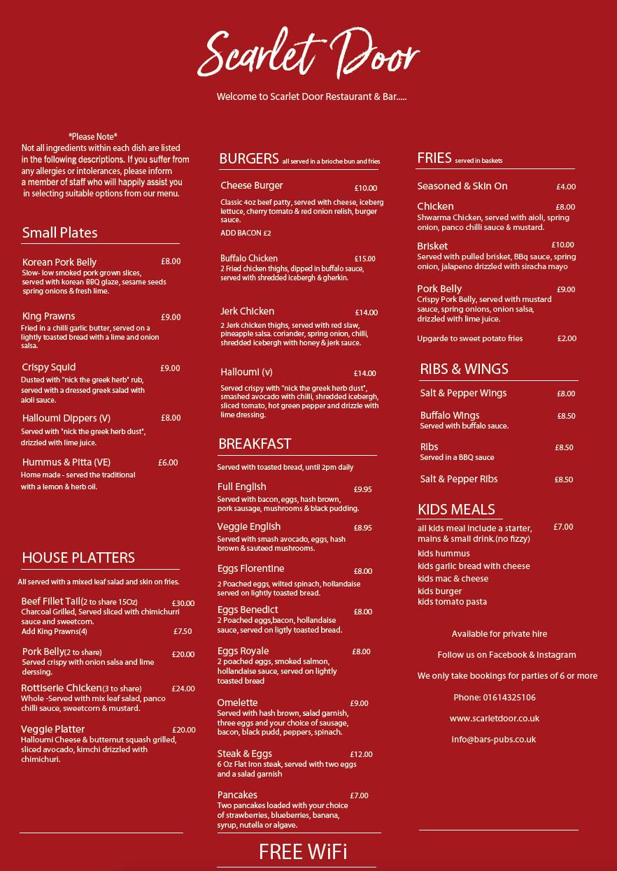 Menu at Scarlet Door, Cocktail Bar & Malaysian Kitchen, Stockport