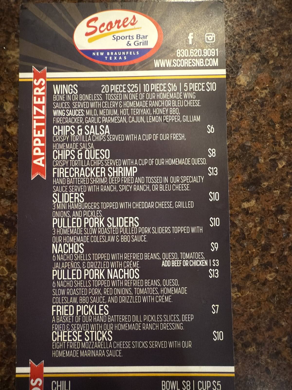 Menu at Scores Sports Bar & Grill, New Braunfels