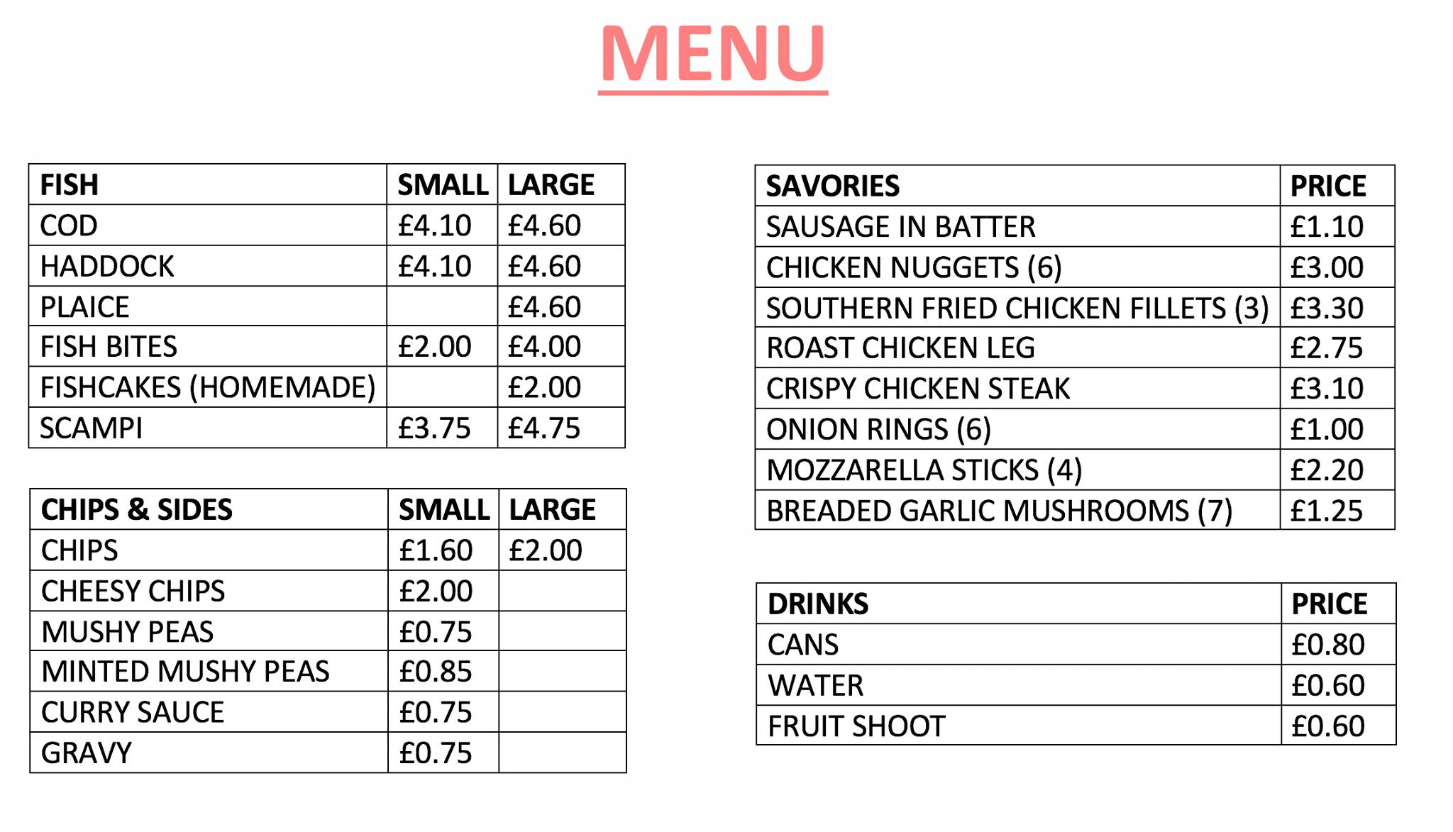 Menu at Scotts Fish & Chips restaurant, Wrentham