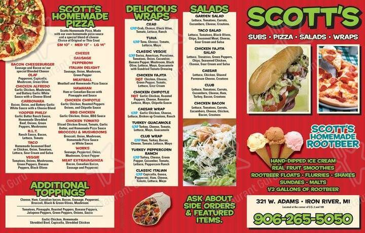 Menu at Scott's Subs & Pizza pizzeria, Iron River