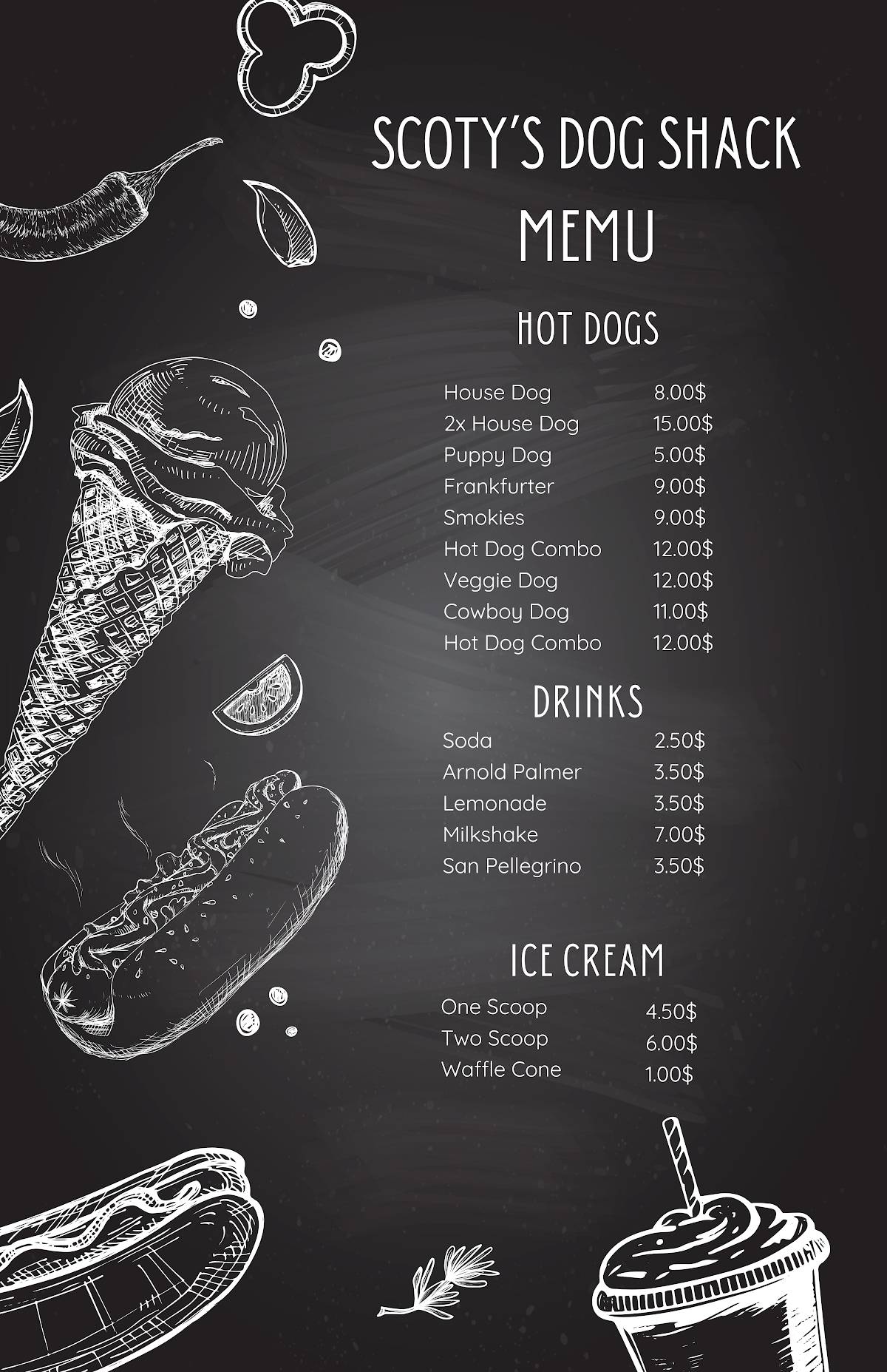 Menu at Scotty's Dog Shack restaurant, Sidney