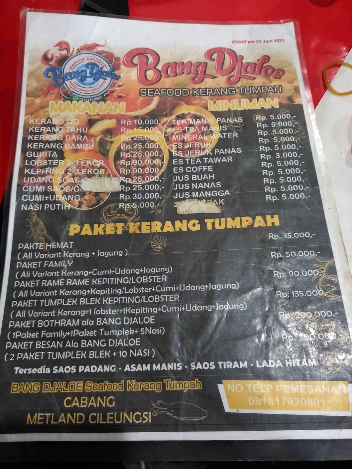 Menu at Seafood Kerang Tumpah Bang Djaloe restaurant, Indonesia