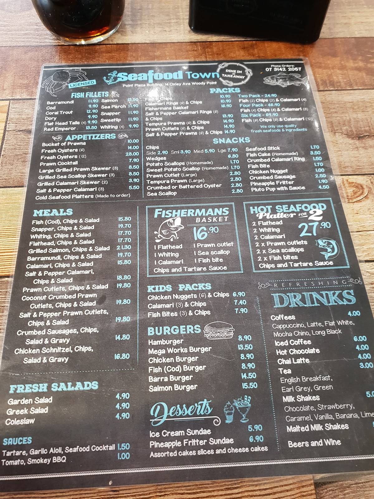 Menu at Seafood Town restaurant, Woody Point, 4/14 Oxley Ave